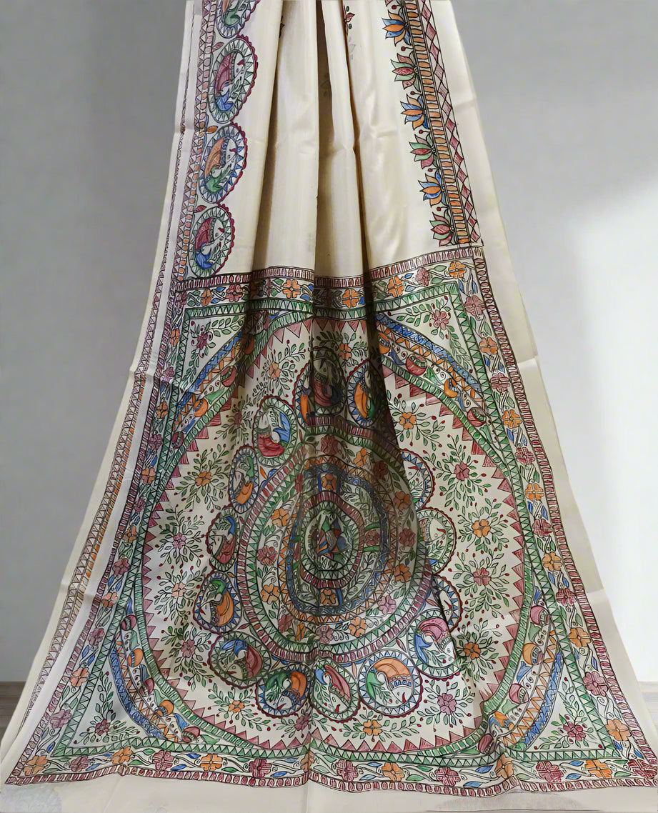 Matasya Madhubani Hand Painted Pure Tussar Silk Saree | Peepal Clothing