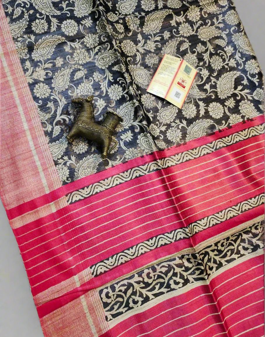 Black Floral Printed Tussar Ghicha Silk Saree| Peepal Clothing